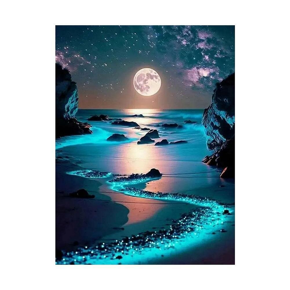 Алмазная мозаика большая картина "Пляжный лунный свет" 30х40 см со светящимся в темноте стразами и 5Д элементами