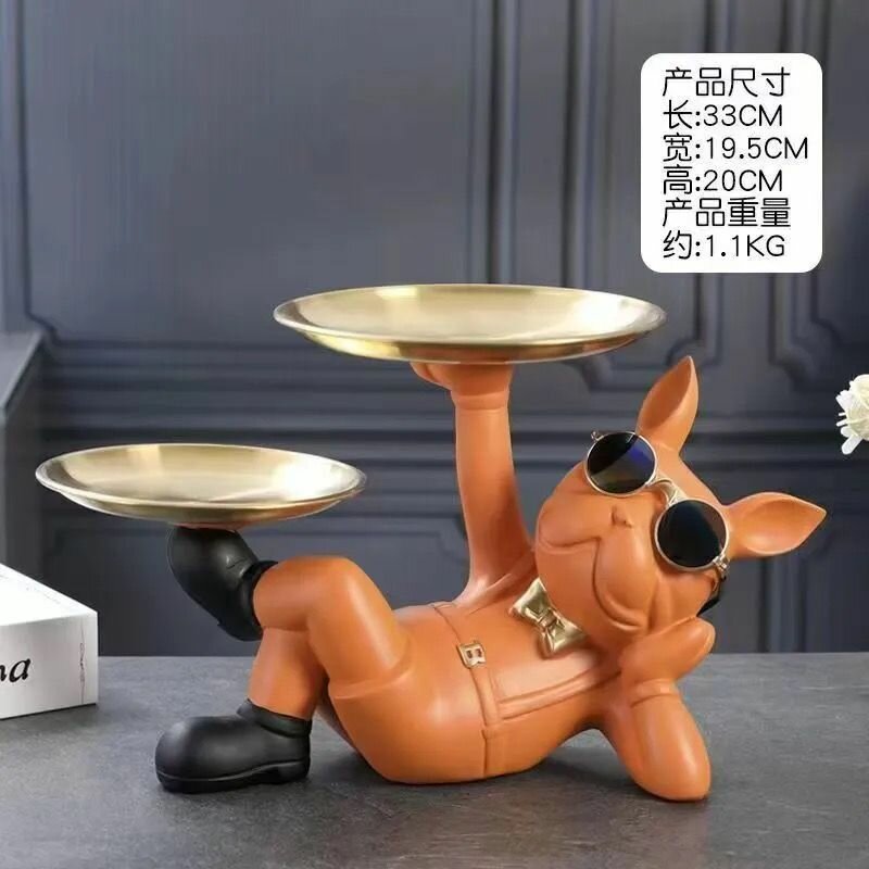 Статуэтка интерьерная французский бульдог в современном стиле, декоративная подставка для мелочей, конфетница, собака с подносом