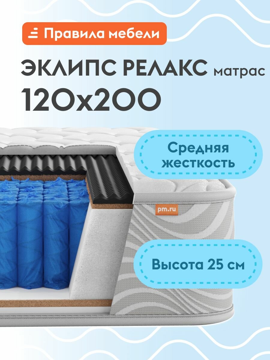 Анатомический, пружинный матрас Эклипс релакс, 120х200 см, с массажным эффектом, независимые пружины, двусторонний, Белый