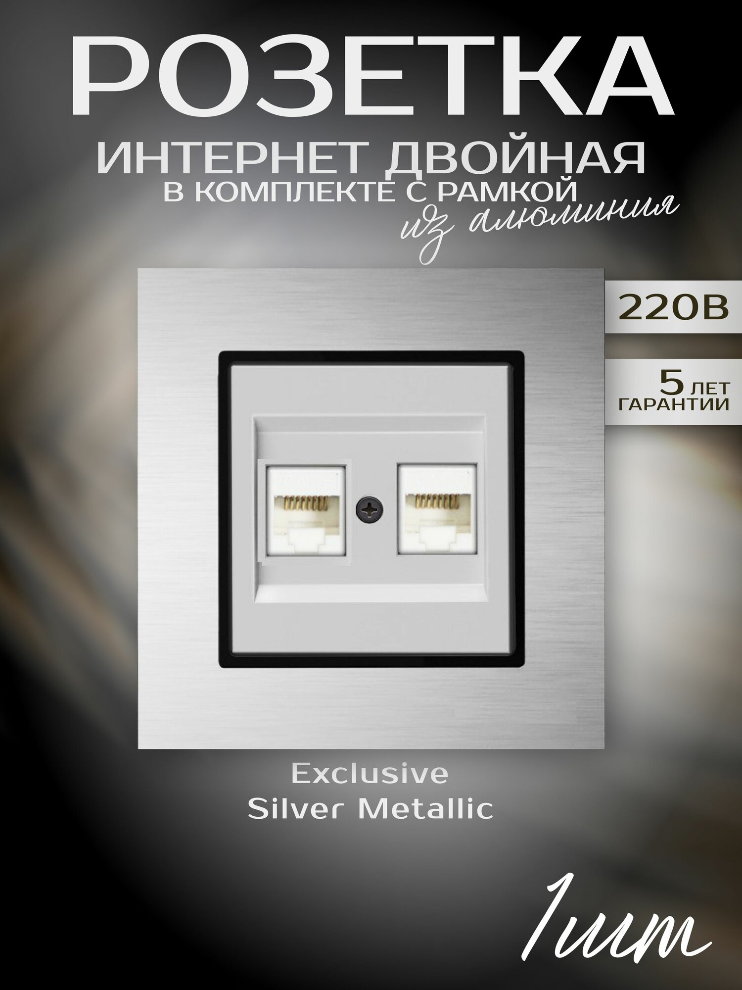 Розетка для сетевого кабеля LAN двойная в алюминиевой рамке серебристая Metronex-Electric Exclusive Silver Metallic