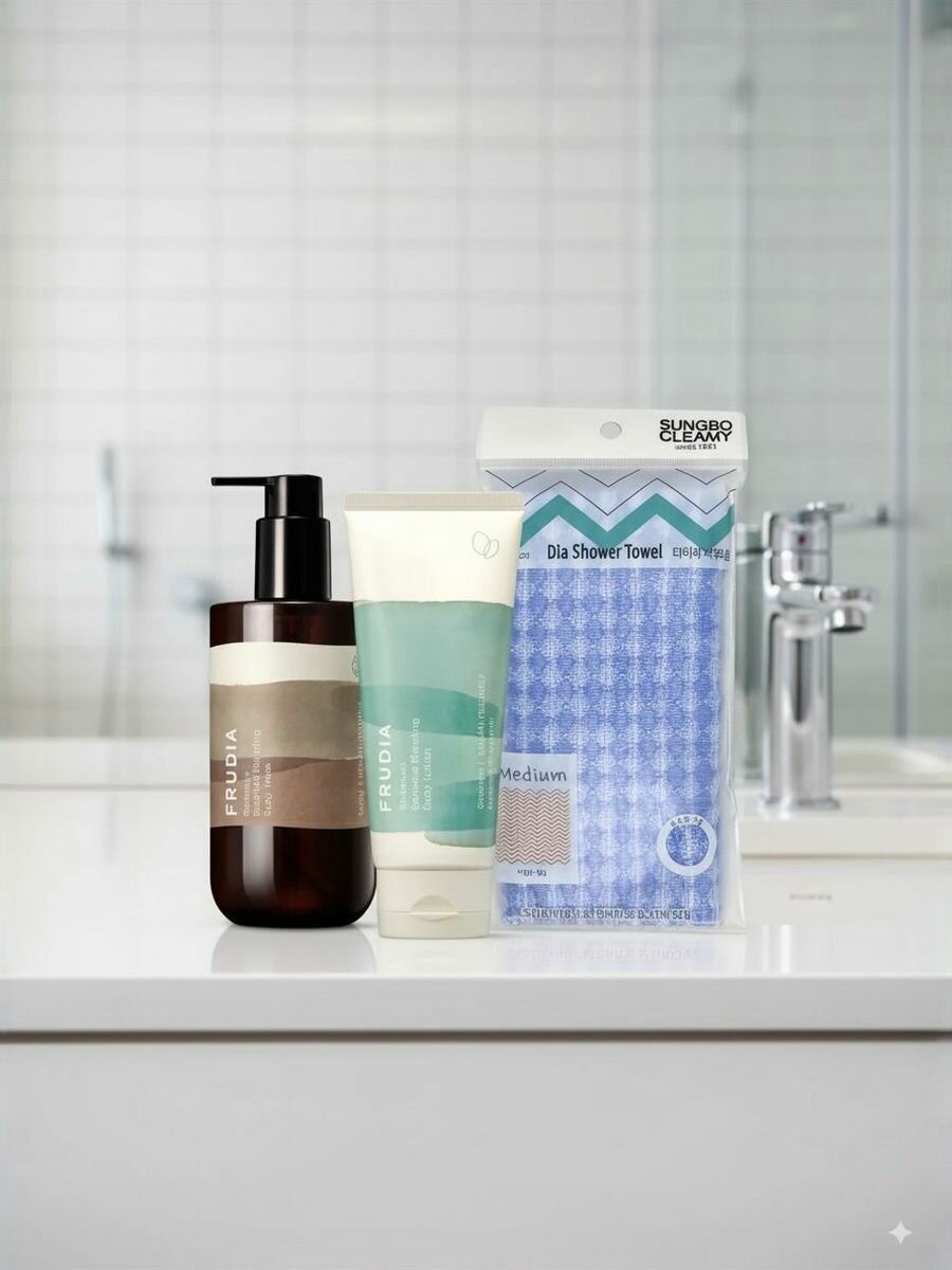 FRUDIA Набор для душа мужской "Манящий сандал": гель для душа 300мл, молочко для тела 200мл, массажная мочалка soft, Корея