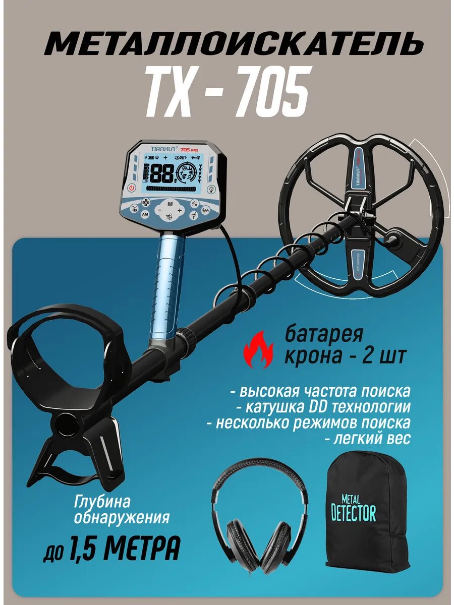 Металлоискатель Tianxun TX-705, складной, телескопическая штанга, катушка 12", DD + проводные наушники и рюкзак