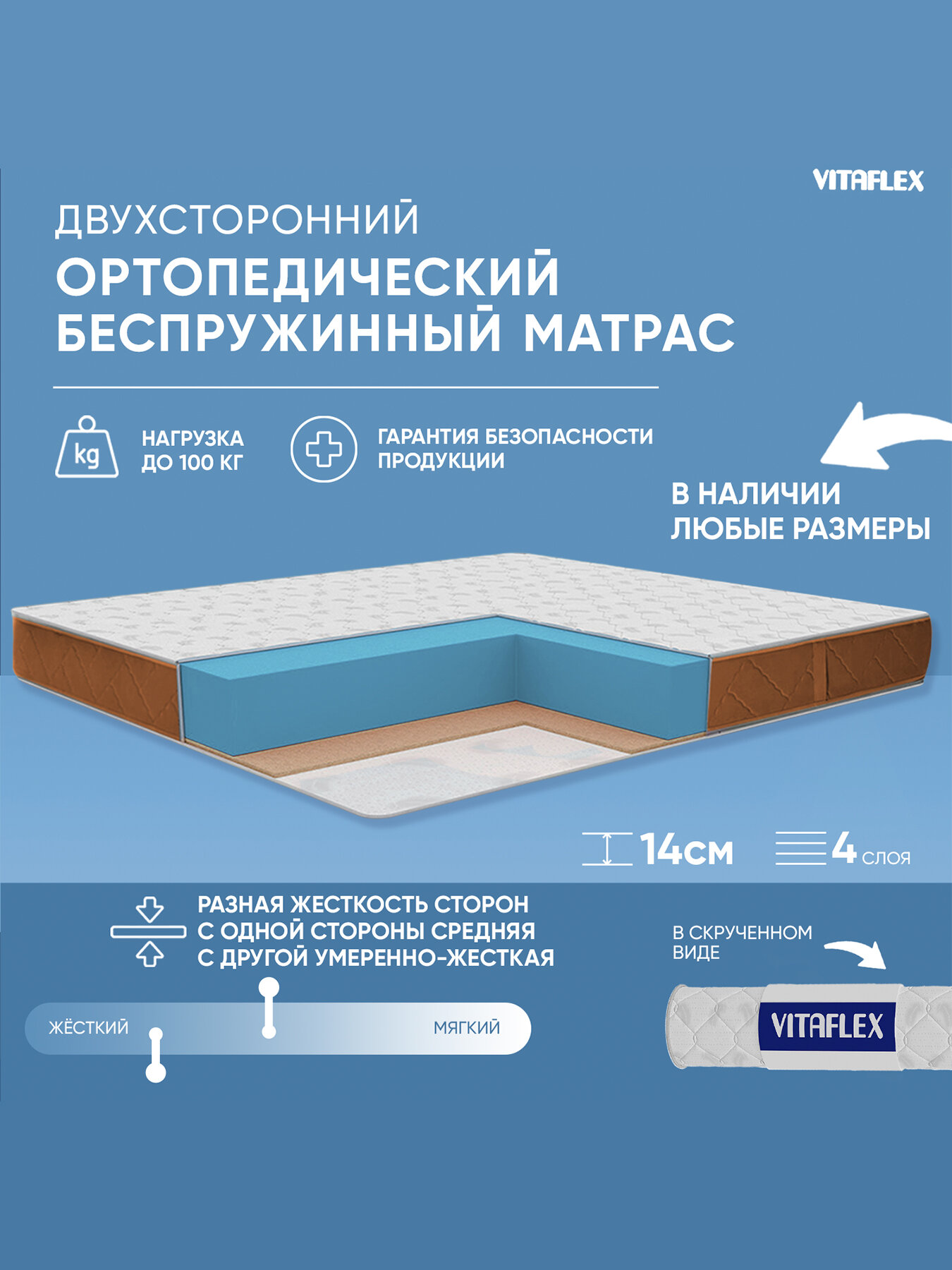 Матрас ортопедический 80x200 Vitaflex Anatomic Бежевый 13V Sk беспружинный, разная жесткость, с кокосом, в рулоне