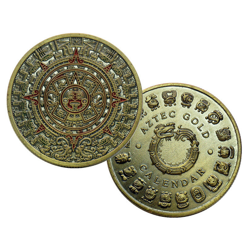 Памятная монета с золотым календарем ацтеков, старинная монета в бронзовом стиле с детальным изображением солнечного камня и змеи, декоративная древняя мезоамериканская коллекционная металлическая монета, железный медальон диаметром 4 см