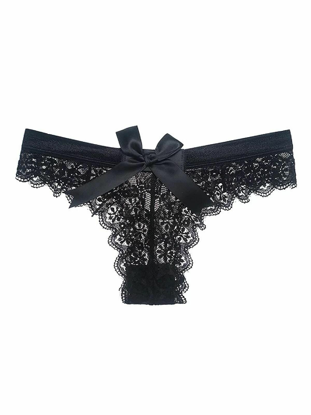 Прозрачные трусики с бантом и кружевом, G-стринг, низкая посадка, Черный - M