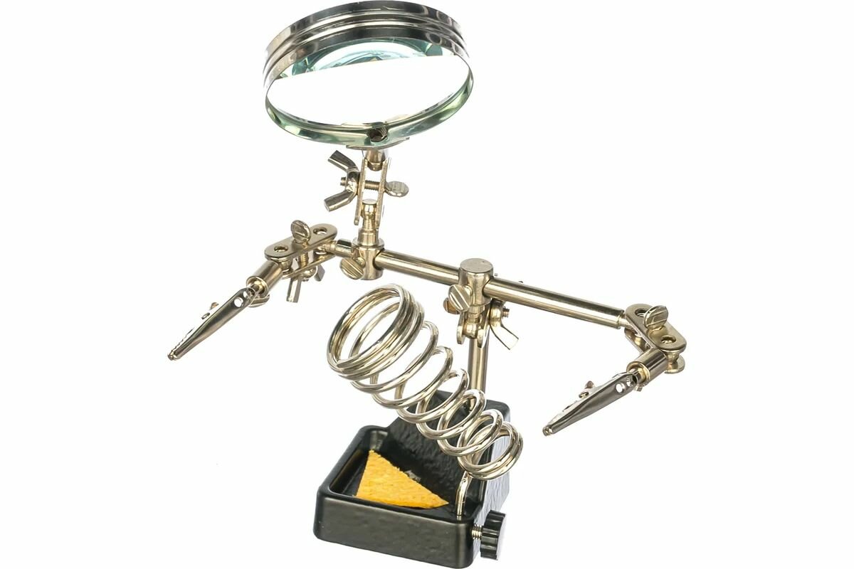 Держатель Третья рука, 2 зажима, лупа 60мм (2.5х), подставка паяльника, ниша, губка, чугун REXANT