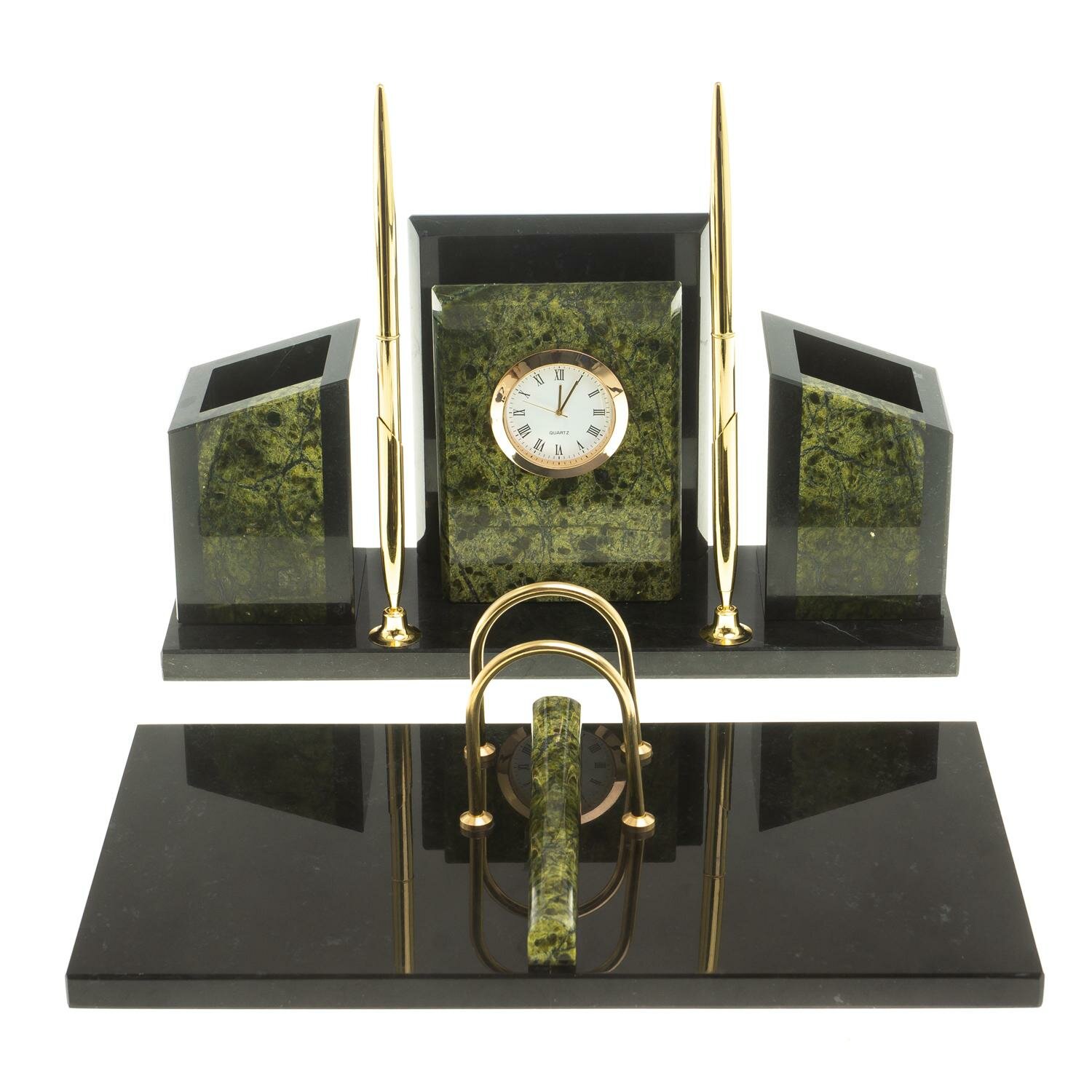 Письменный набор "Канцелярский" с часами камень змеевик 124050