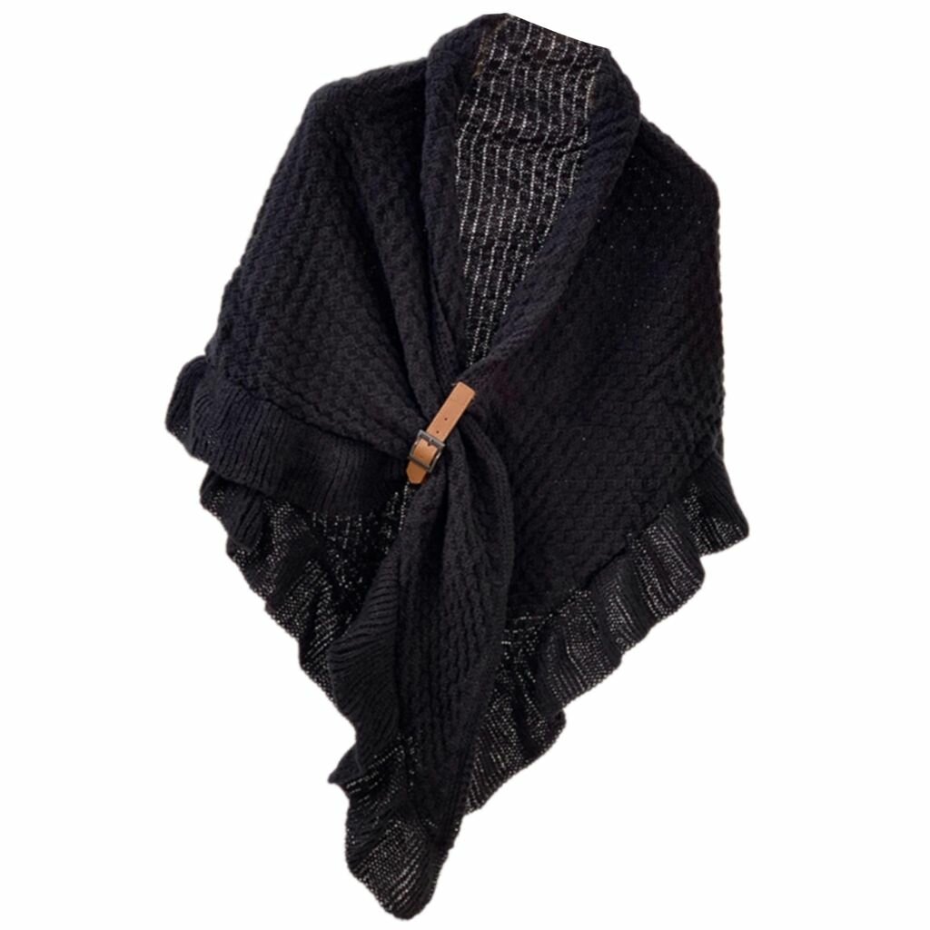 Шерстяная кожаная пряжка плаща-накидки-шарфа черного цвета