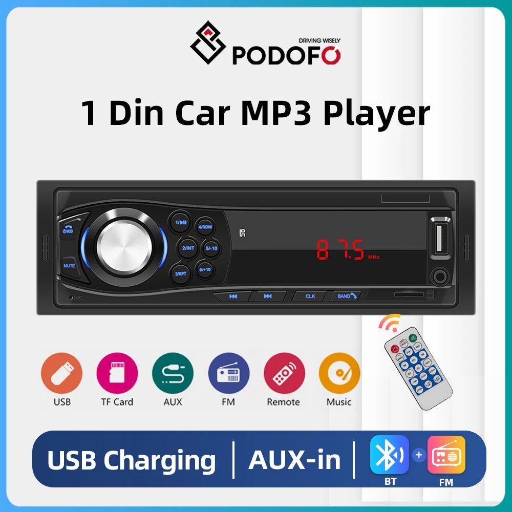 Автомагнитола Podofo 1 din, стерео плеер, цифровой Bluetooth mp3-плеер, FM-радио, стерео аудио, музыка, USB/SD, с входом AUX для приборной панели