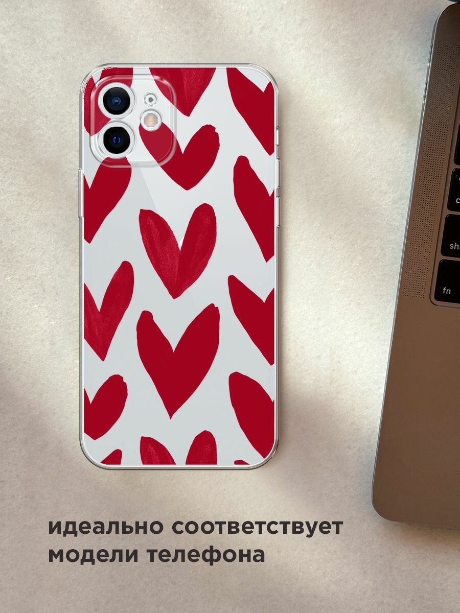 Чехол на Apple iPhone 12 mini / Айфон 12 Мини с принтом "Красные сердечки рисунок - 14 февраля", прозрачный — фото 1