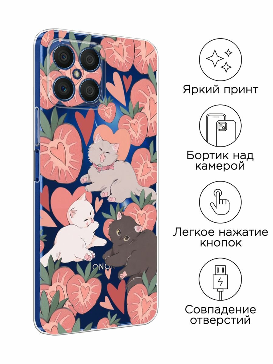 Чехол на Honor X8 / Хуавей X8 с принтом "Клубничные котики", прозрачный — фото 1