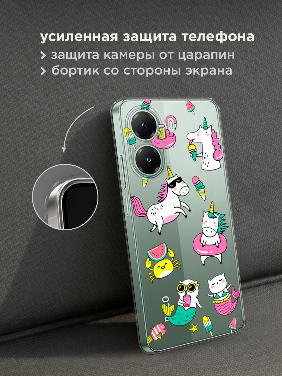 Чехол на Poco X7 Pro / Поко X7 Про с принтом "Единороги в отпуске", прозрачный — фото 1