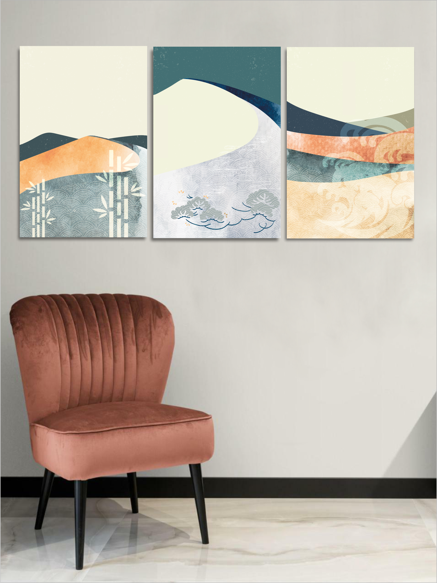 Модульная картина для интерьера на стену минимализм. Восточная абстракция Горы 40х60 см - 3 штуки на холсте на подрамнике