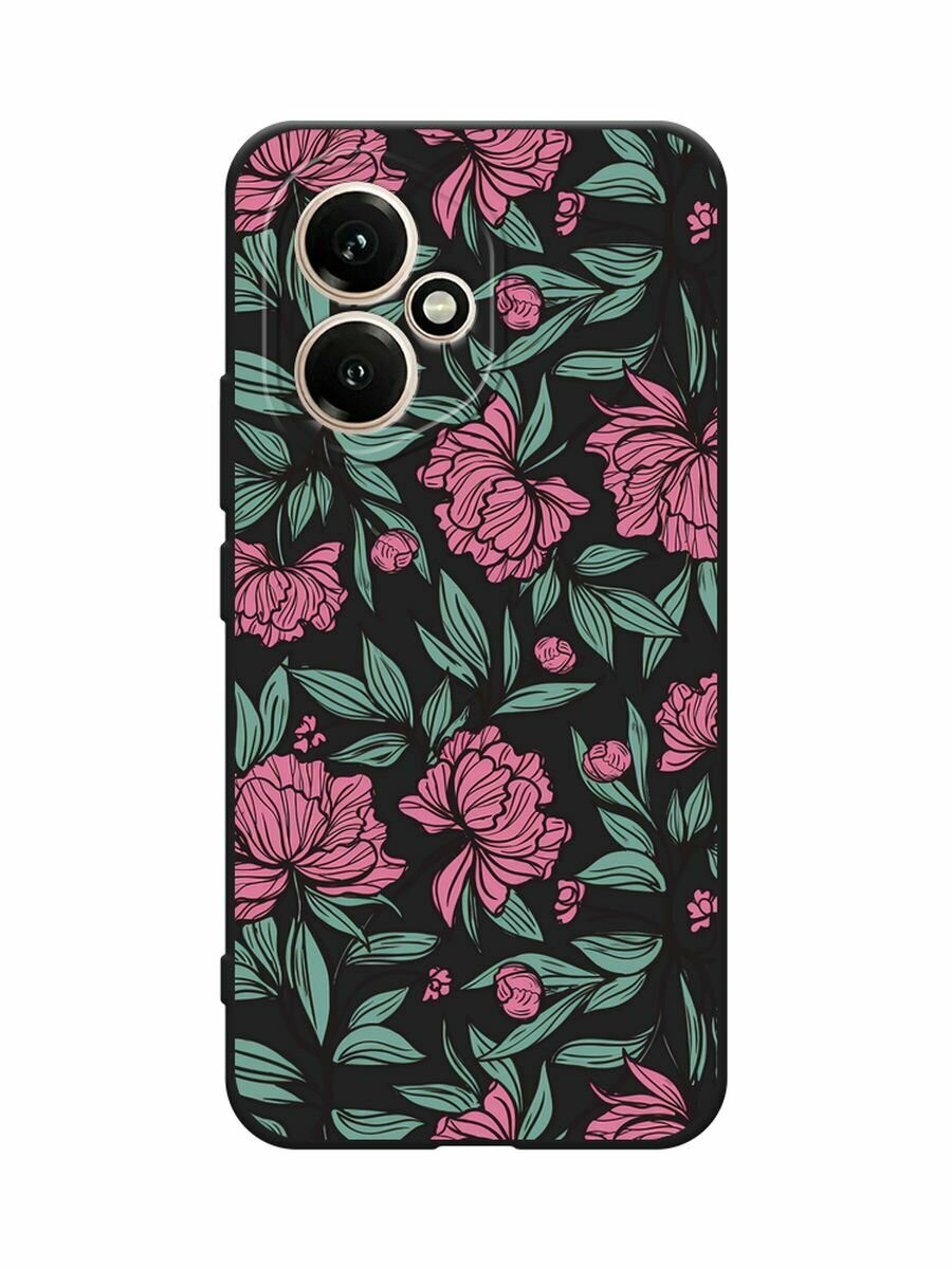 Черный матовый чехол на Honor 400 / Хонор 400 с принтом "Бутоны пионов и клематис"