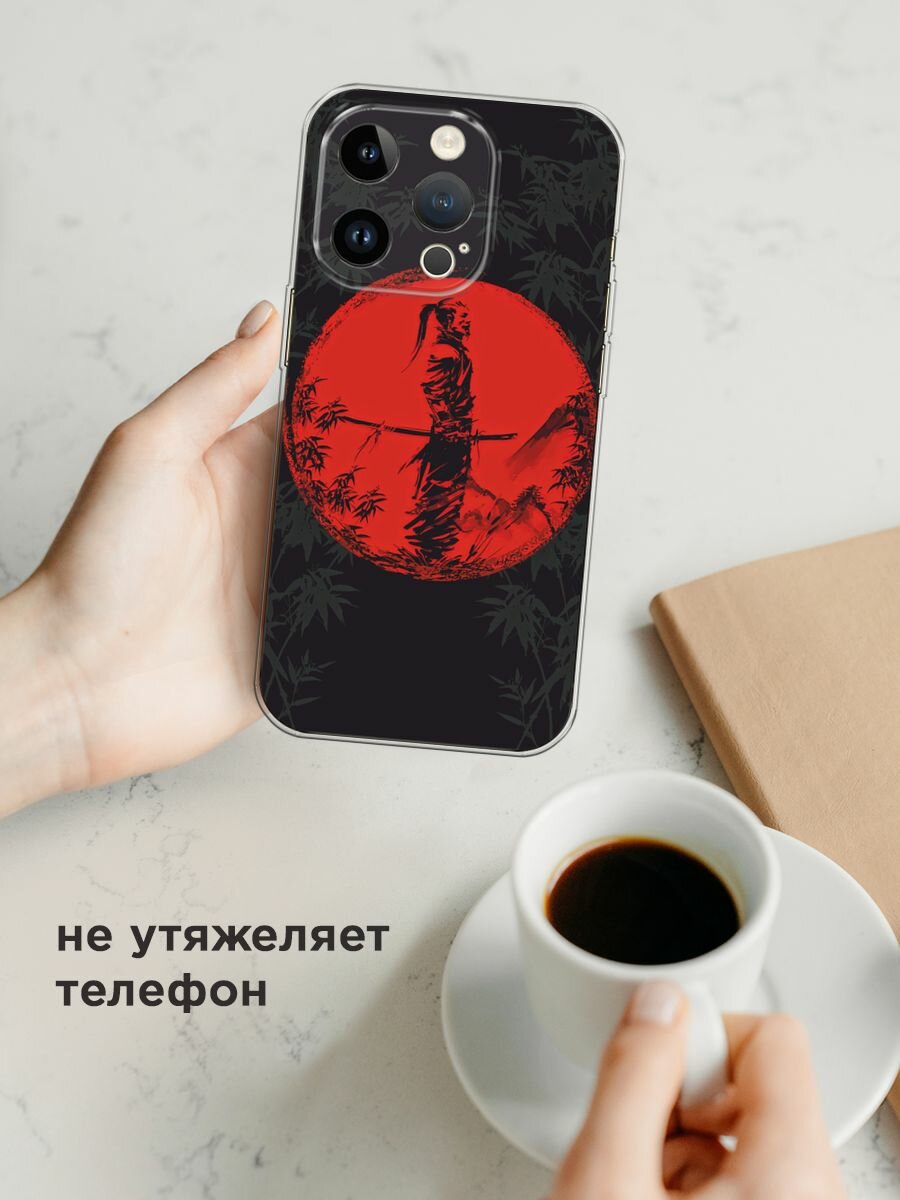 Чехол на Apple iPhone 14 Pro / Айфон 14 Про с принтом "Самурай на красном фоне" — фото 1