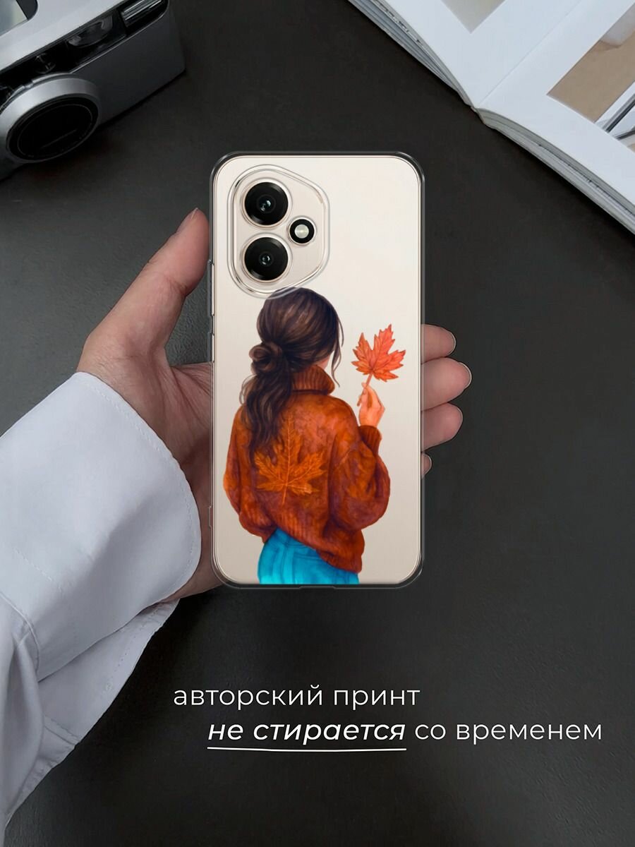 Чехол на Honor 400 / Хонор 400 с принтом "Девушка с опавшим листом", прозрачный — фото 1