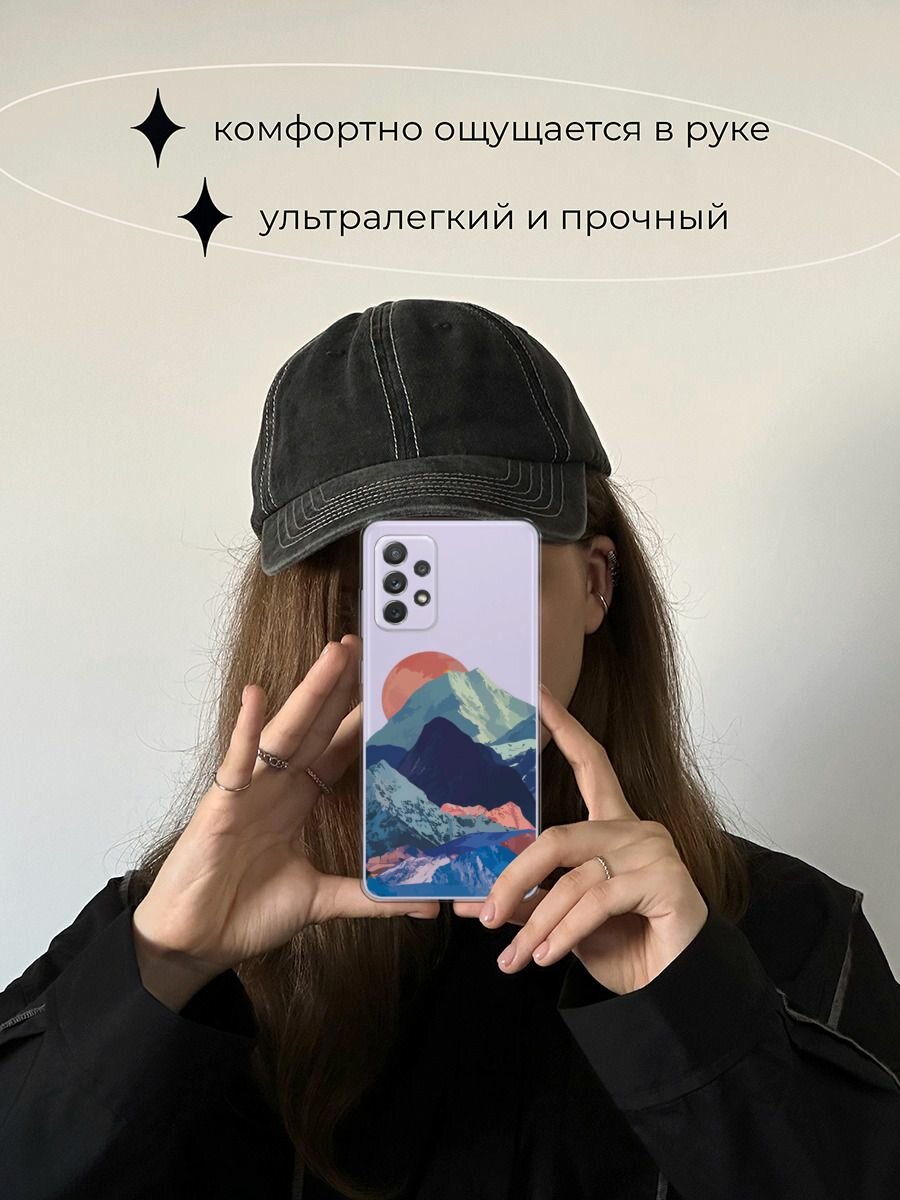 Чехол на Samsung Galaxy A73 / Самсунг Галакси А73 с принтом "Закат в снежных горах", прозрачный — фото 1