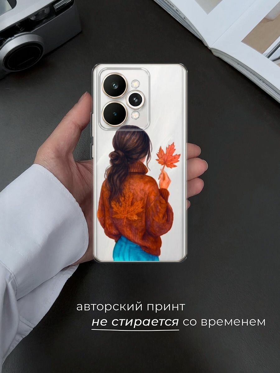 Чехол на Realme 15 Pro / Реалми 15 Про с принтом "Девушка с опавшим листом", прозрачный — фото 1