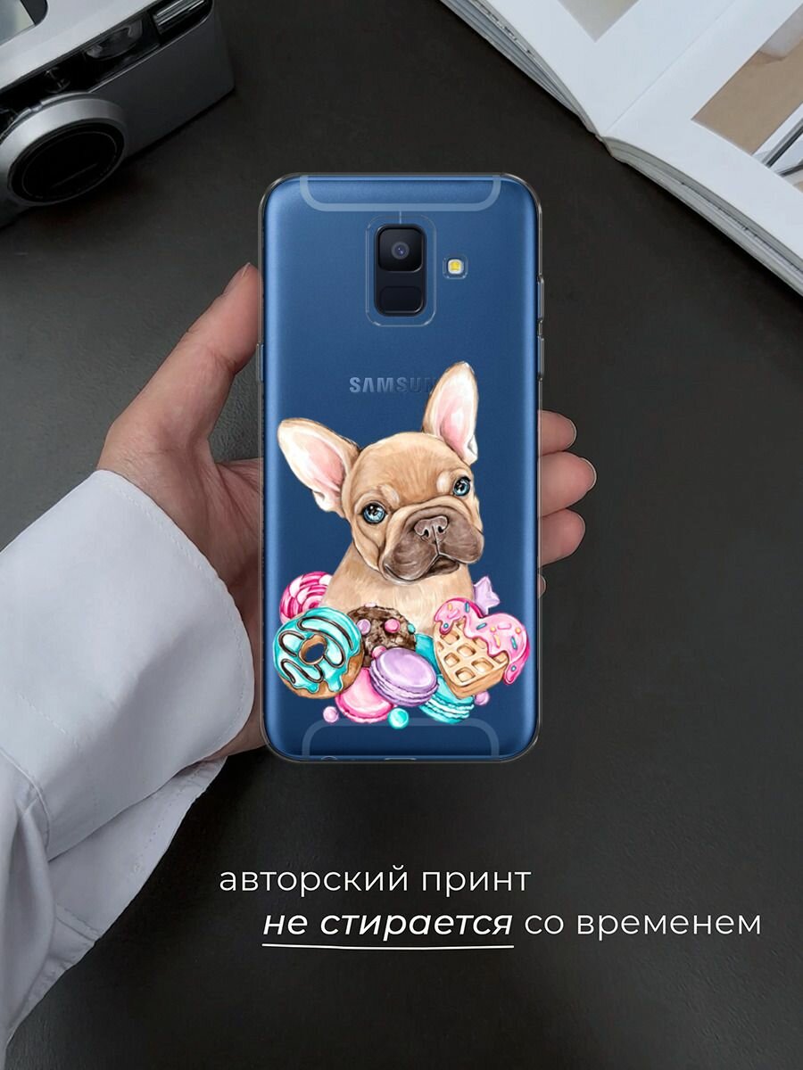 Чехол на Samsung Galaxy A6 / Самсунг Галакси А6 с принтом "Бульдог и сладости", прозрачный — фото 1