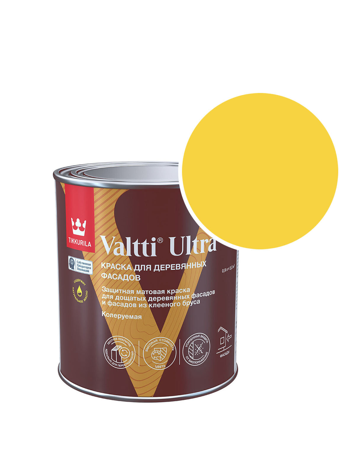 Краска фасадная по дереву Tikkurila Valtti Ultra водно-дисперсионная RAL 1018 (Цинково-желтый - Zinc yellow) 0,9 л