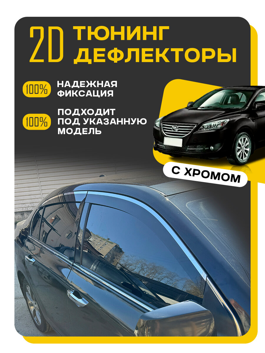 Плоские тюнинг дефлекторы с хромом для Lifan Cebrium (720) (2014-2018) 1 поколение / Ветровики на Лифан Себриум 720. Комплект 4 шт.
