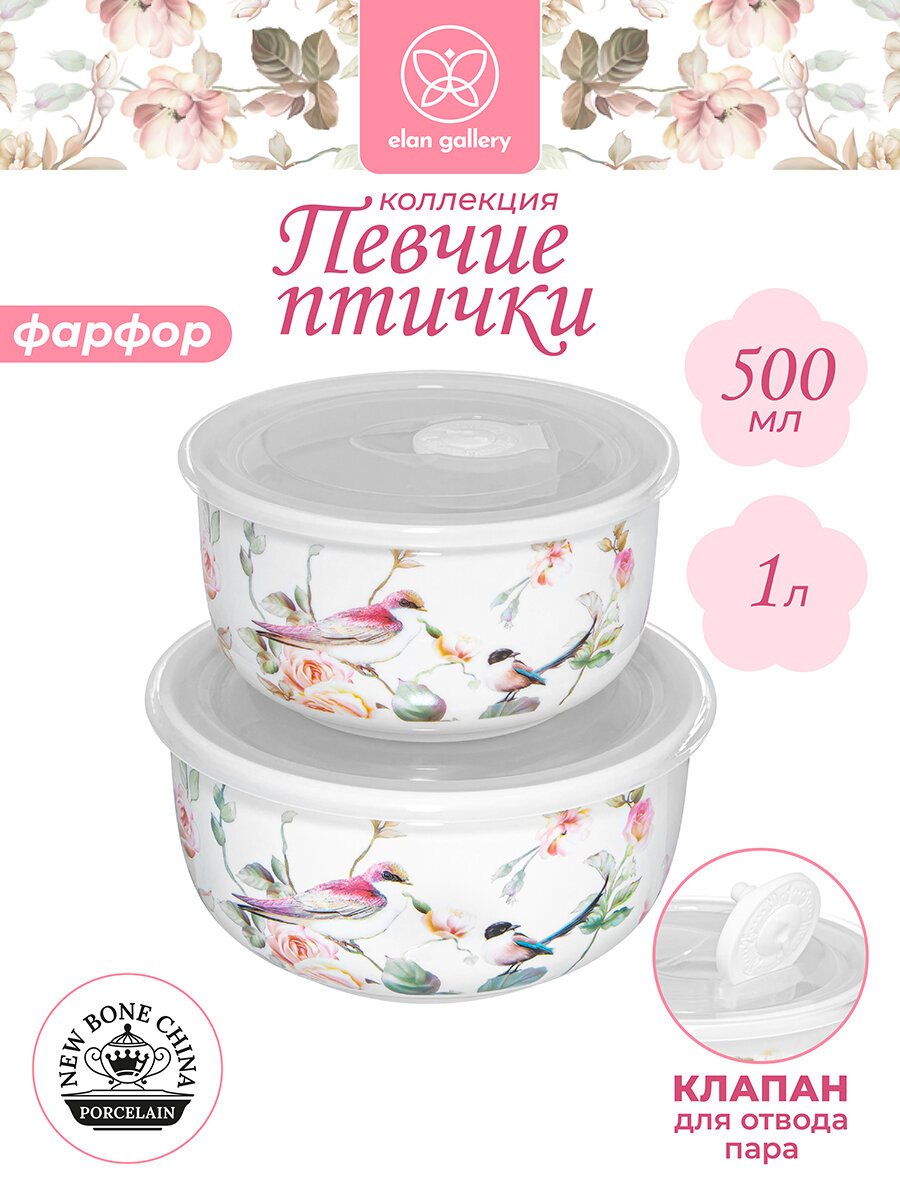 Салатник 2 пр. Elan Gallery Певчие птички, 1 л + 500 мл, фарфор, набор
