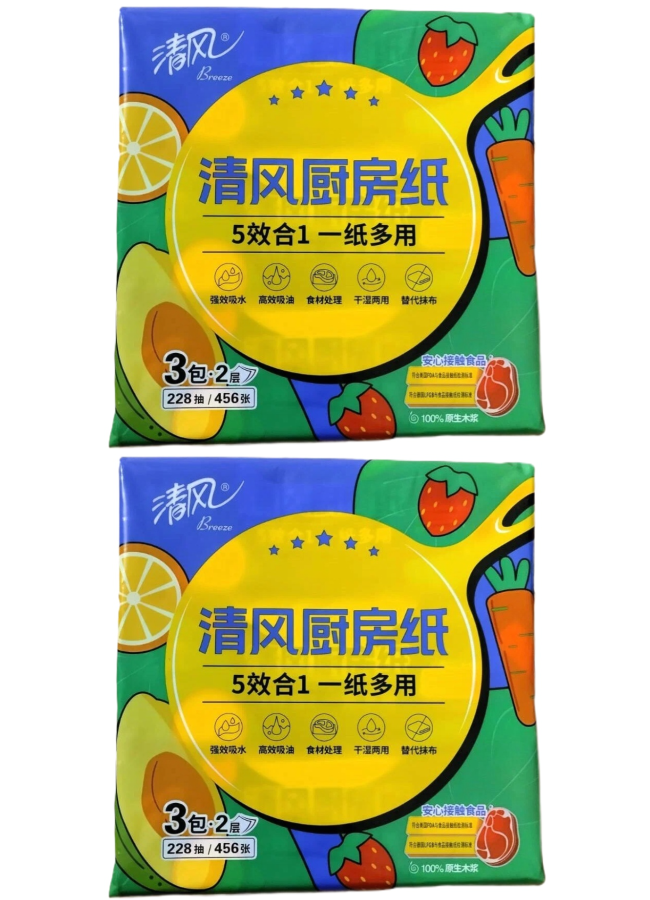 Кухонные полотенца Gold Hong Ye Paper Breeze Kitchen, жиропоглощающие, 3 пачки по 76 листов, 2 упаковки