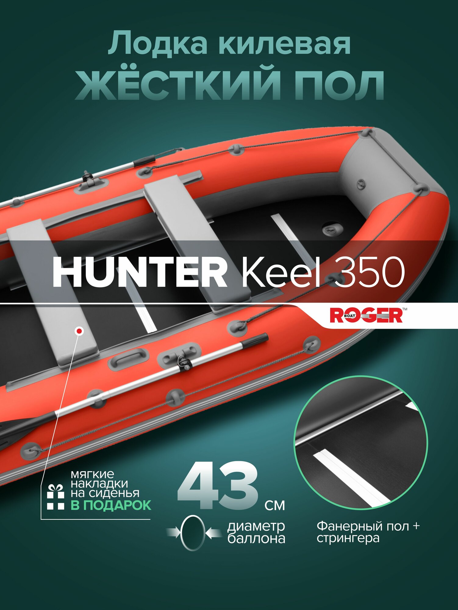 Лодка ПВХ под мотор ROGER Hunter Keel 350, надувная для рыбалки с жестким дном (красный-серый)