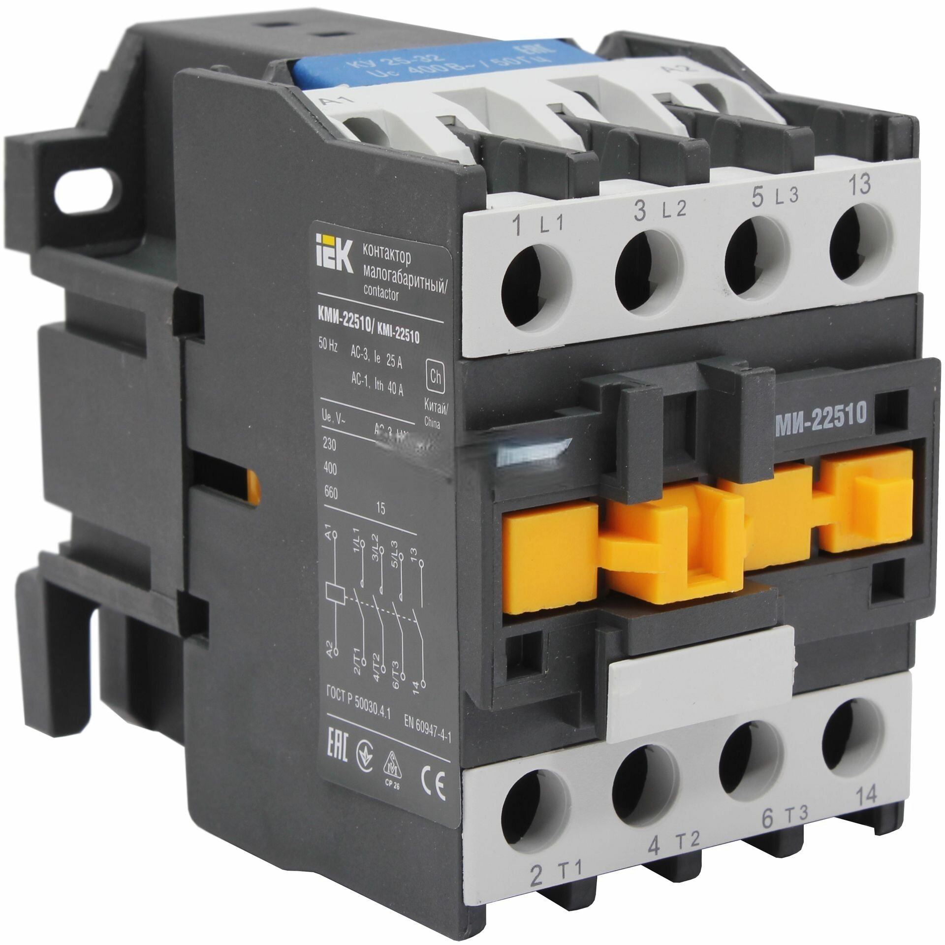 Контактор IEK КМИ-22510 25А 400В/АС3 1НО, на 35 мм DIN-рейку, температура эксплуатации -25.50 градусов, гарантия 5 лет.