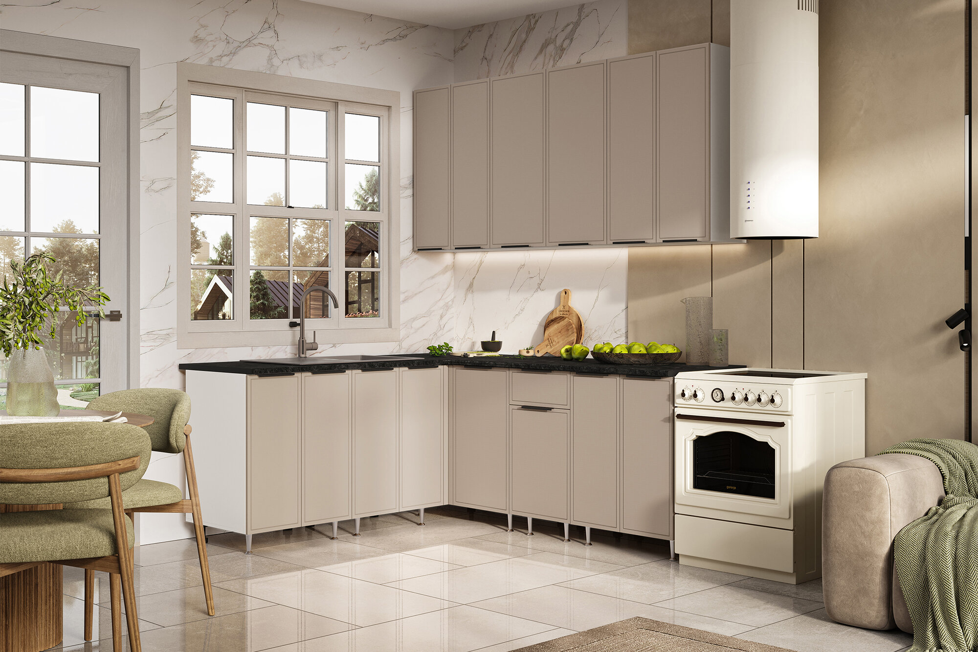 Кухонный гарнитур угловой Нонтон Николь, компоновка №2, 180х200 см, белый / холст латте / кастилло темный