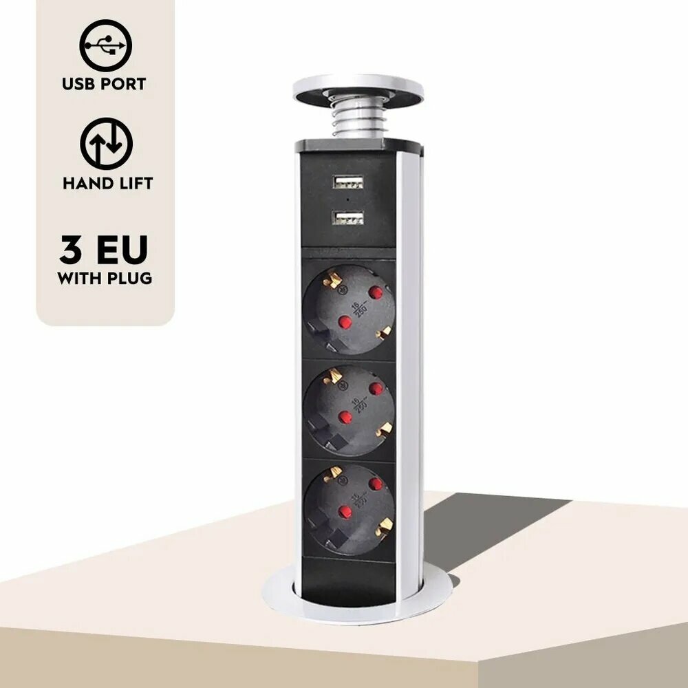 Встраиваемая выдвижная розетка для столешницы, скрытый удлинитель для кухни на 4 розетки с заземлением серебристый провод 1.8 м