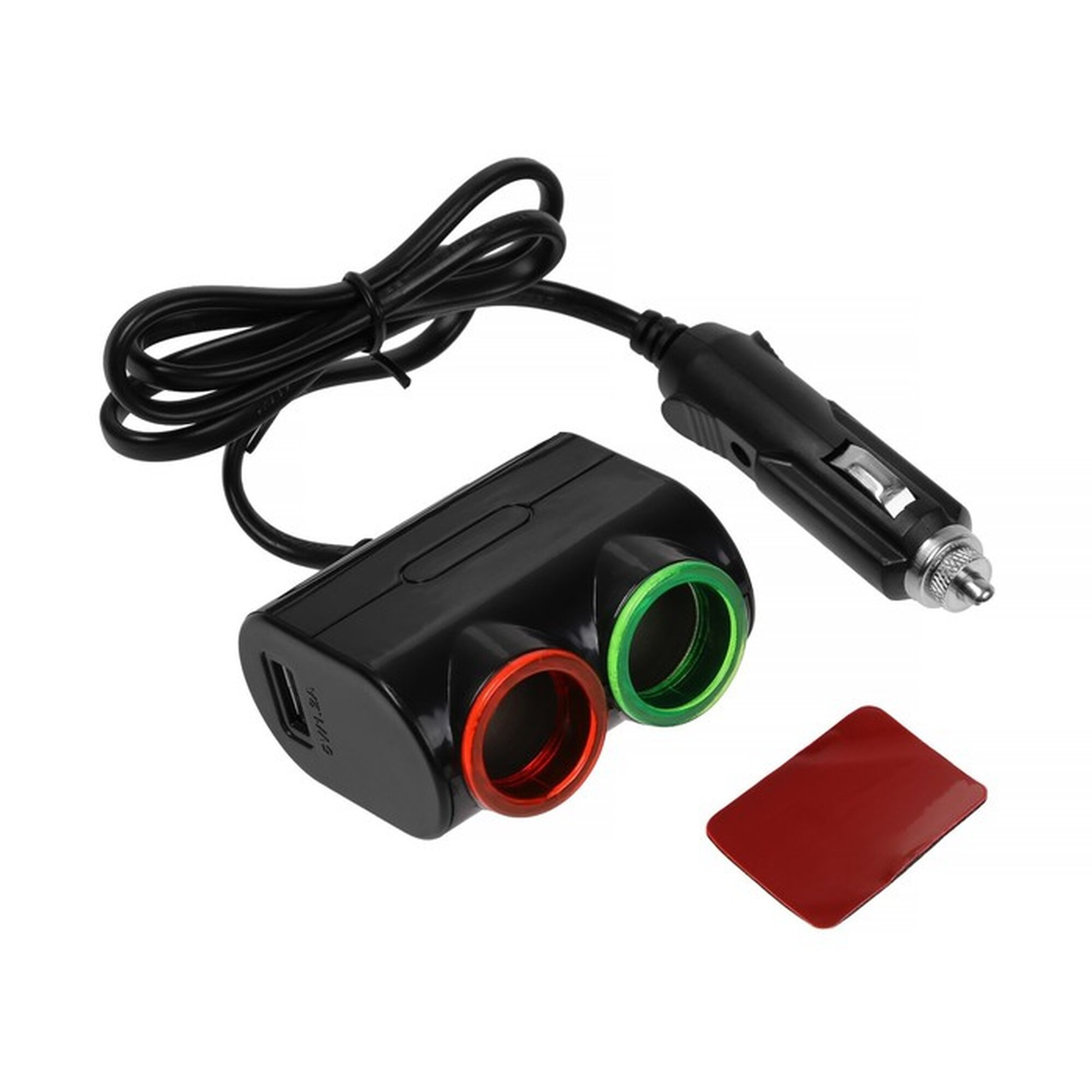 Разветвитель прикуривателя TORSO, шнур 50см, 2 гнезда, 1 USB-порт, черный