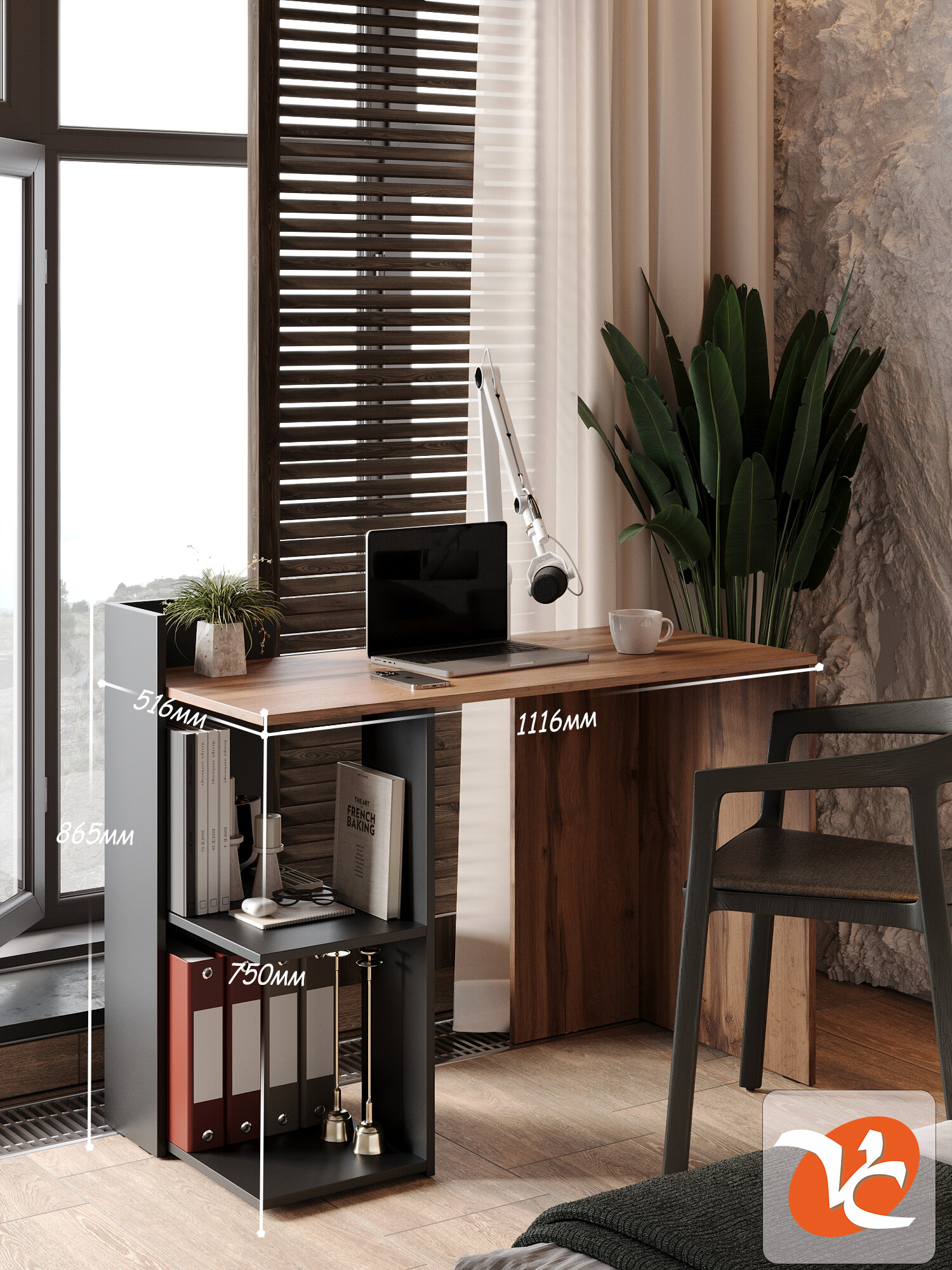 Письменный стол Мебельная фабрика Volodin&Co, КС-6, ЛДСП, 111,6х51,6 см, с полками, черный/дуб вотан