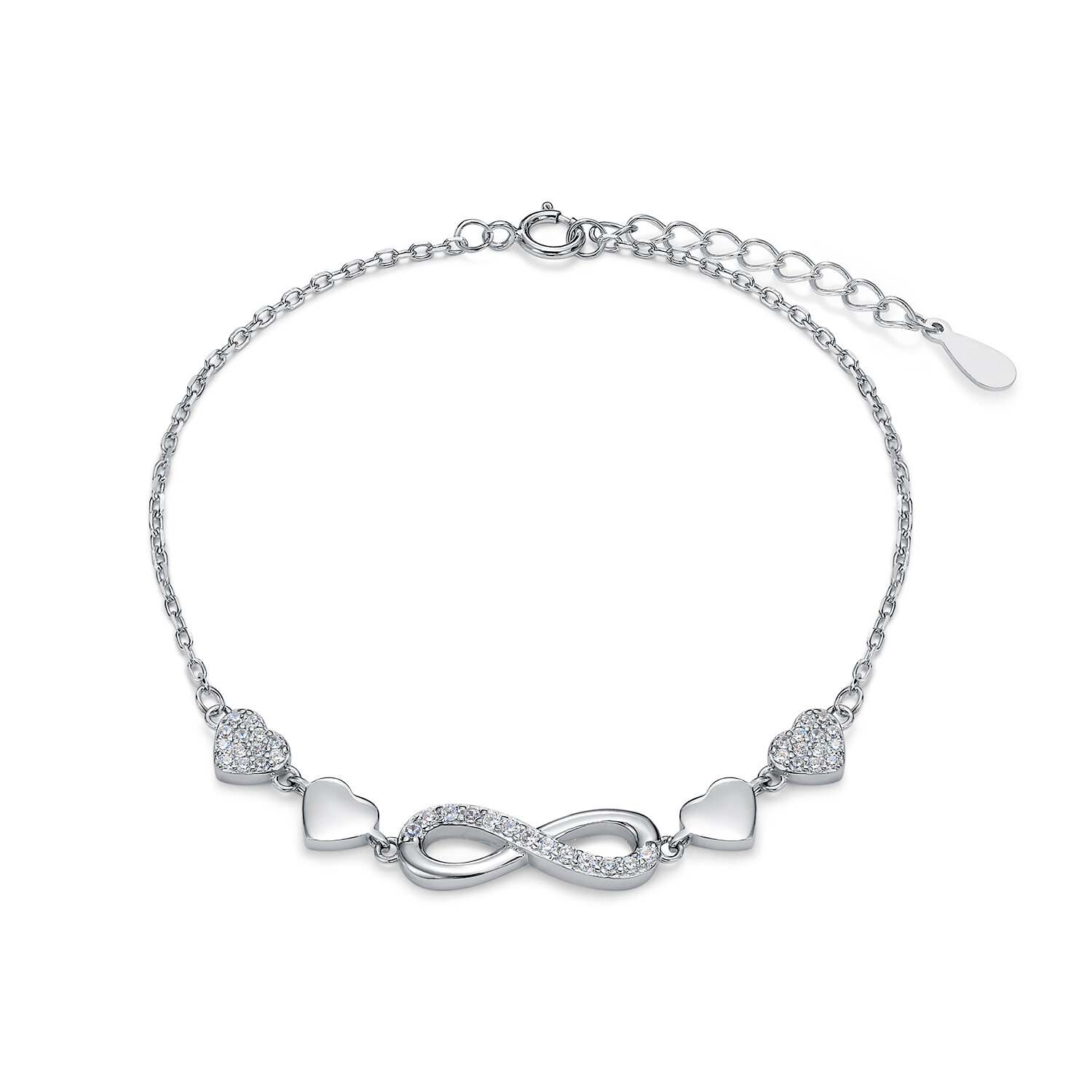 Браслет-цепочка, серебро, 925 проба, родирование, фианит