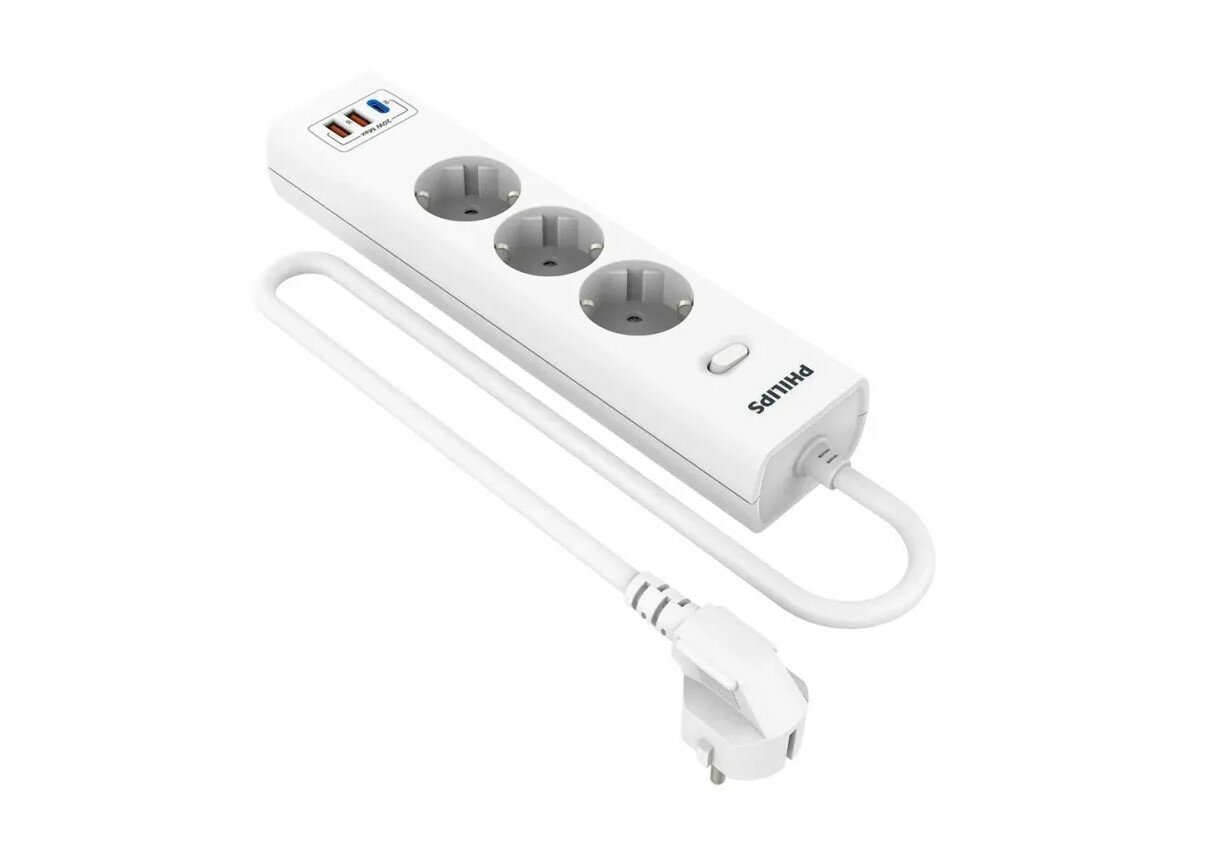 Сетевой фильтр Philips, 3 розетки, 3м, 2500Вт, 2xUSB, 1xUSB Type-C (20Вт), Белый, CHP4336WB/51