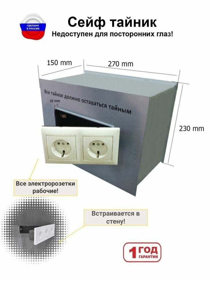 Скрытый сейф-тайник для денег и документов с блоком рабочих розеток Legrand. Встраиваемый в стену на глубину 15 см.