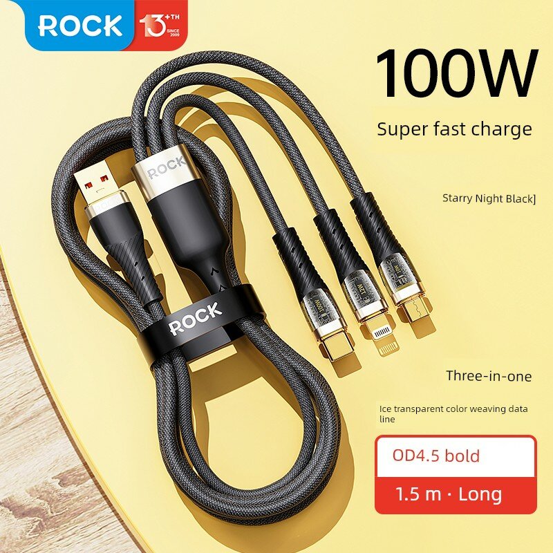 Кабель для передачи данных ROCK «три в одном», быстрая зарядка 100 Вт, подходит для Apple 14, Huawei P70, Xiaomi,