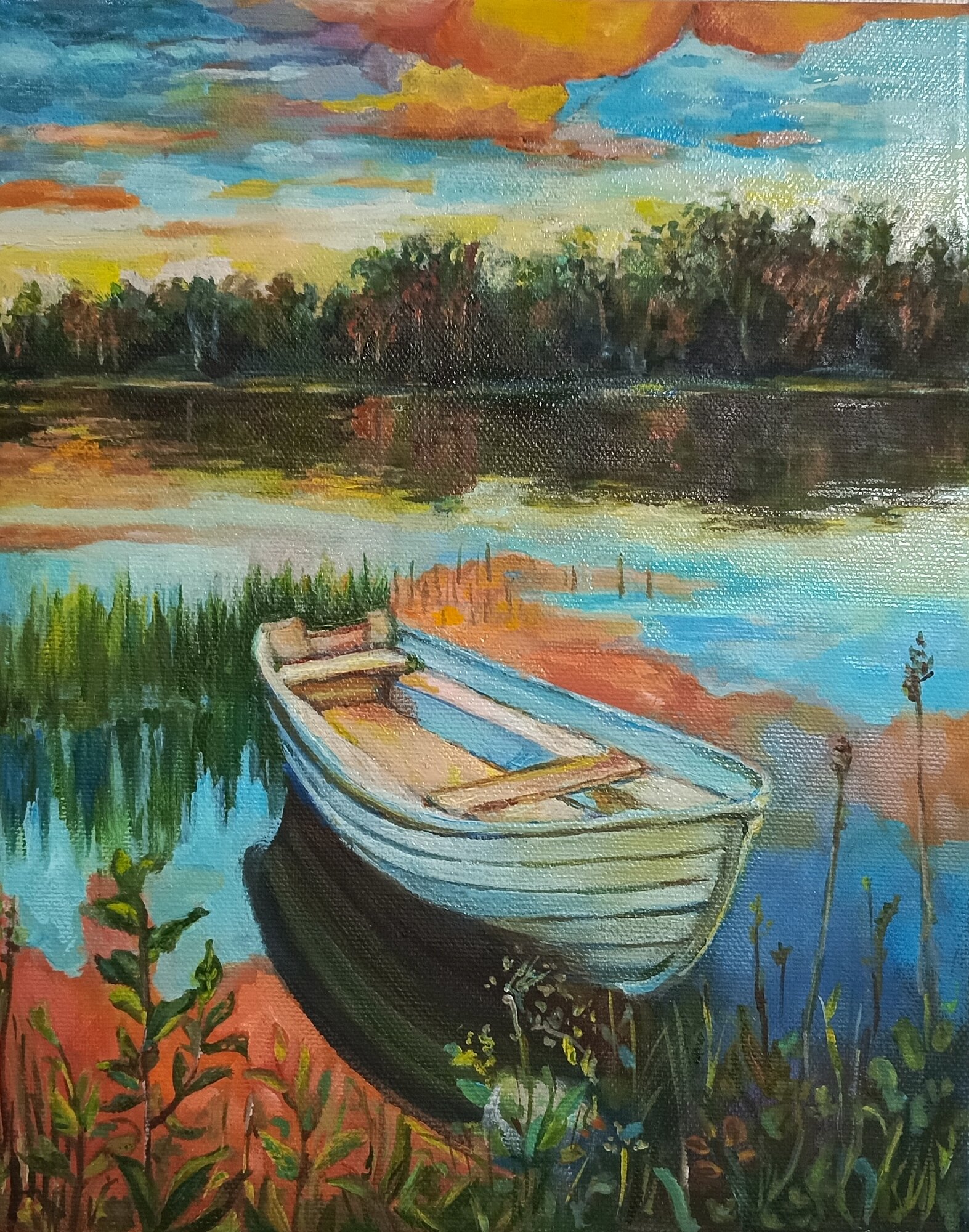 Картина маслом "Закат и лодка", ручная работа, 24x30 см, без рамы