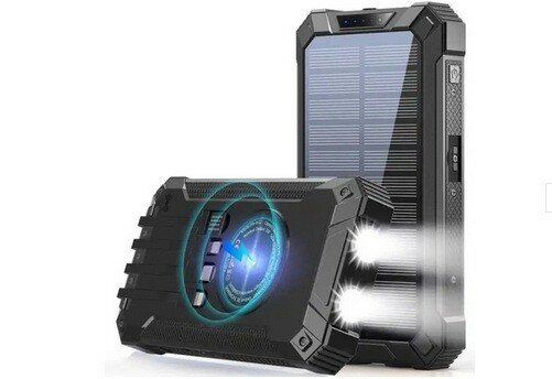 Solar Power Wireless Charging Bank Dual USB Power Bank 20000mAh Waterproof Black Color Battery Panel with LED Light