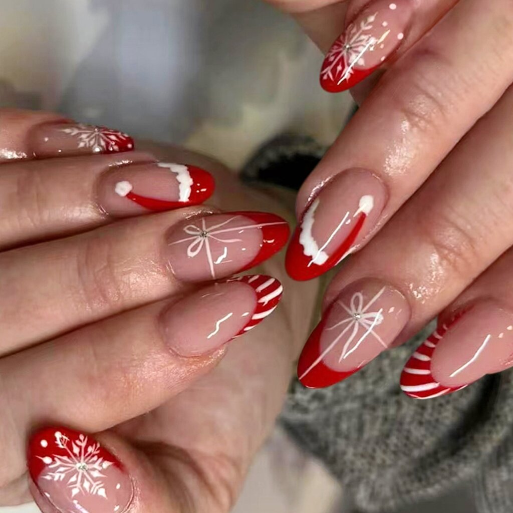 Christmas Themed Press On Nail 24Pieces Red Stripe French Design Sparkling