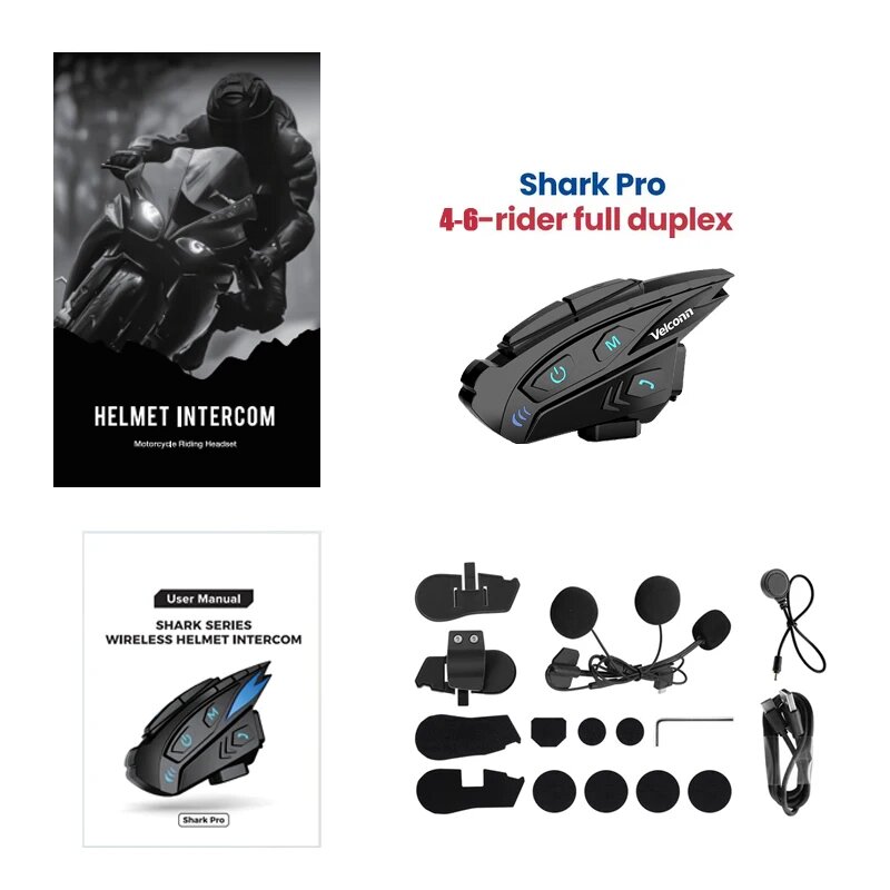 1/2 шт. Velconn Shark Pro Music Sharing Мотоциклетный шлем Bluetooth-гарнитура 6 Rider Group 2000M Полный дуплексный разговор FM-радио IP65 black