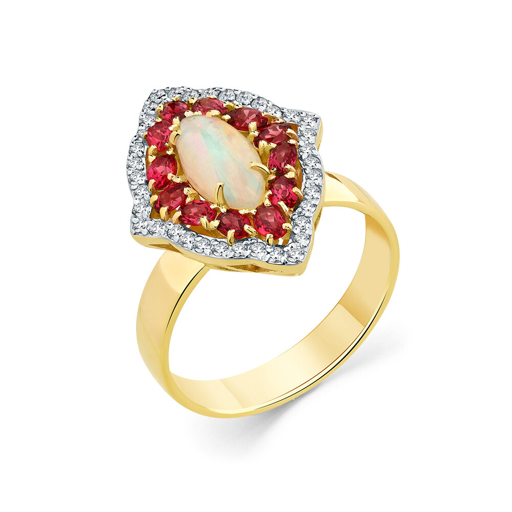 Кольцо, желтое золото, 585 проба, опал, шпинель, бриллиант