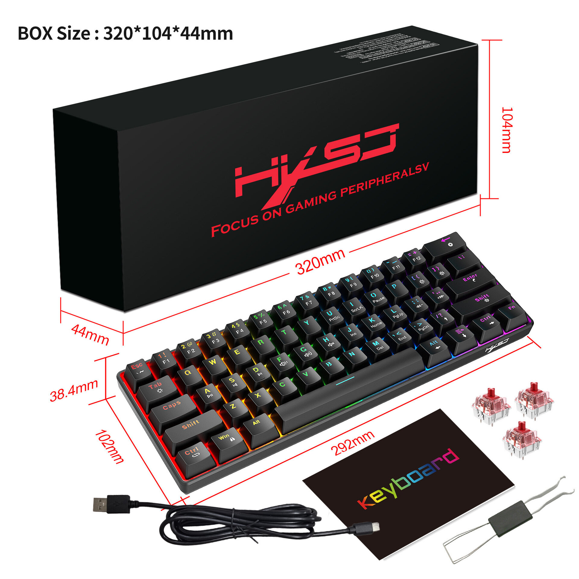 Механическая клавиатура 61 клавиши с подсветкой RGB и съемными переключателями - Черный