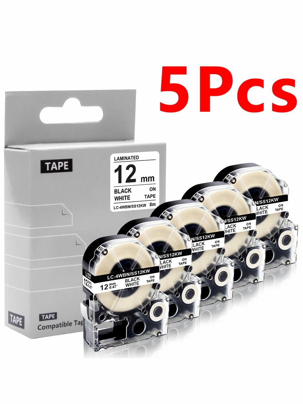 5 PC Картридж LC-4WBN/SS12KW, едля принтеров Epson серии Label Works, KINGJIM SR, 12мм х 8м