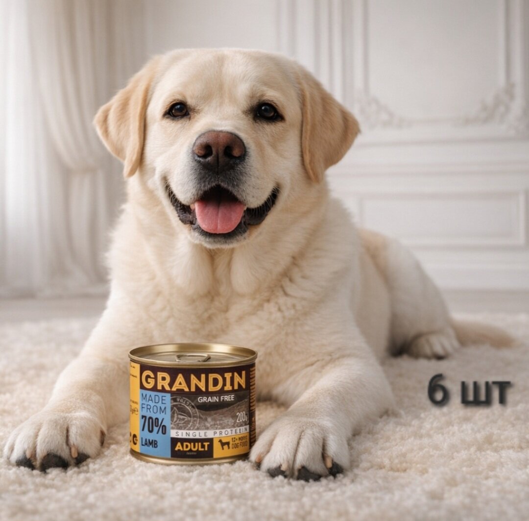 Влажный корм Grandin Adult консервы для взрослых собак всех пород, с ягненком, 6 шт по 200 гр.