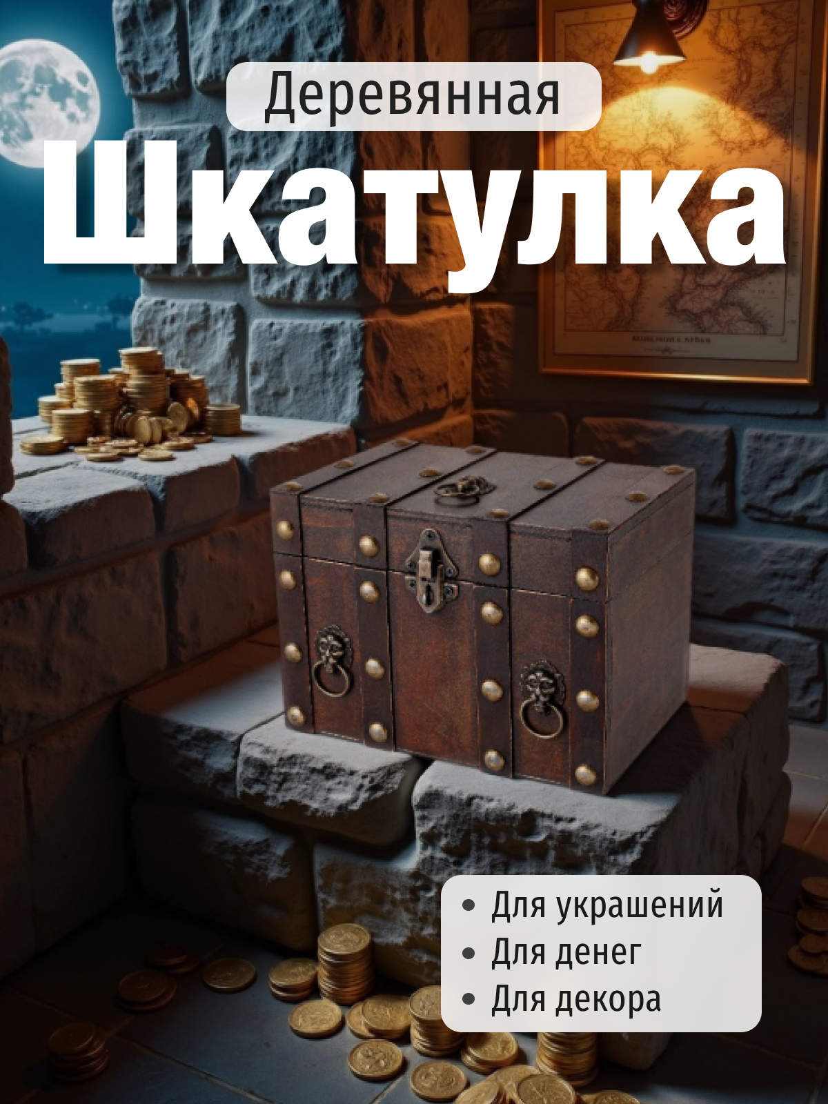 Деревянная шкатулка подарочная, 22х15х16 см / Сундук сокровищ Форд Боярд и Пиратов Карибского моря