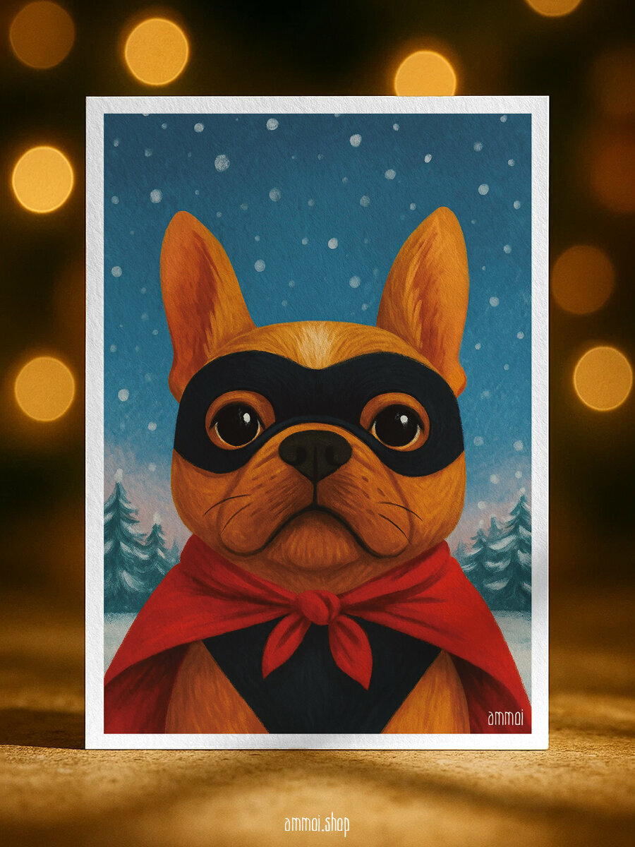 Открытка с собакой 2026 «Французский бульдог — Супердог (The Incredibles)» (А6) с конвертом, авторская иллюстрация