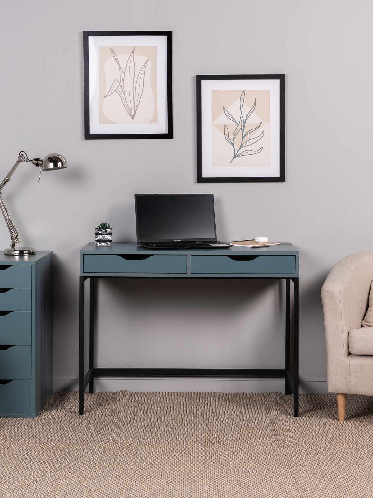 Стол письменный на металлических ножках ГУД лакк Ингар Д 100x48x76, серо-бирюзовый/черный