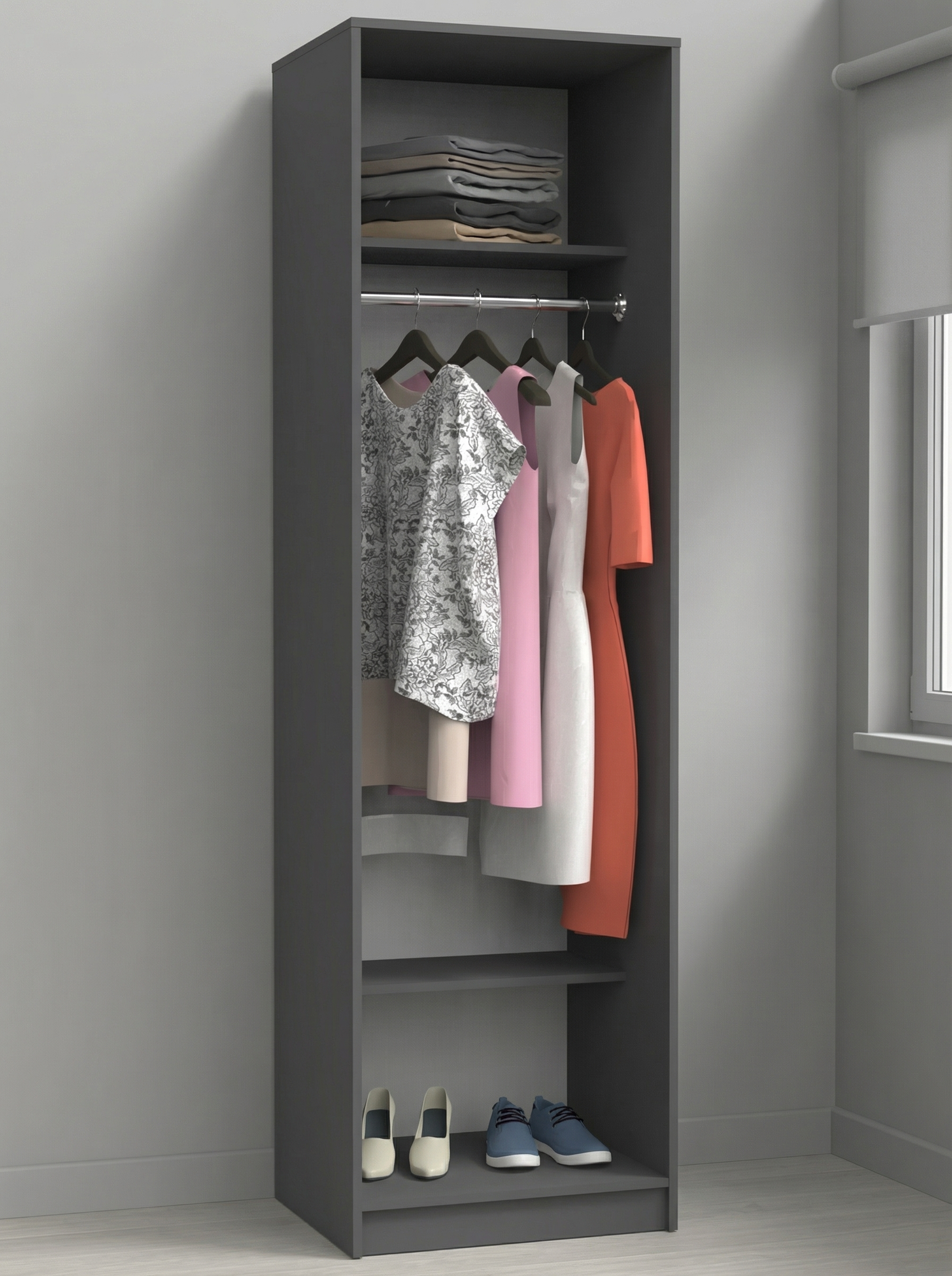 Открытый гардеробный шкаф-пенал Макс-2 с 2 полками и штангой для вешалок, ШхГхВ: 60х50х210 см, графит