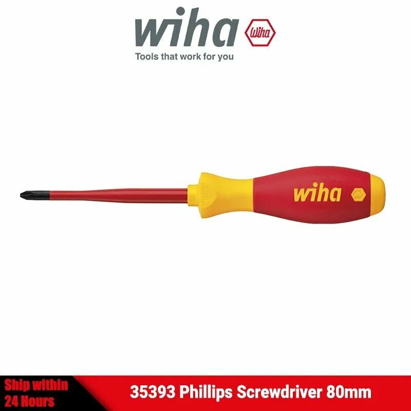Wiha 35393 Отвертка Phillips 80 мм, видимая длина лезвия 1000 В, изолированная, PH1, инструмент для электрика, удобная работа, противоскользящая, 55 г